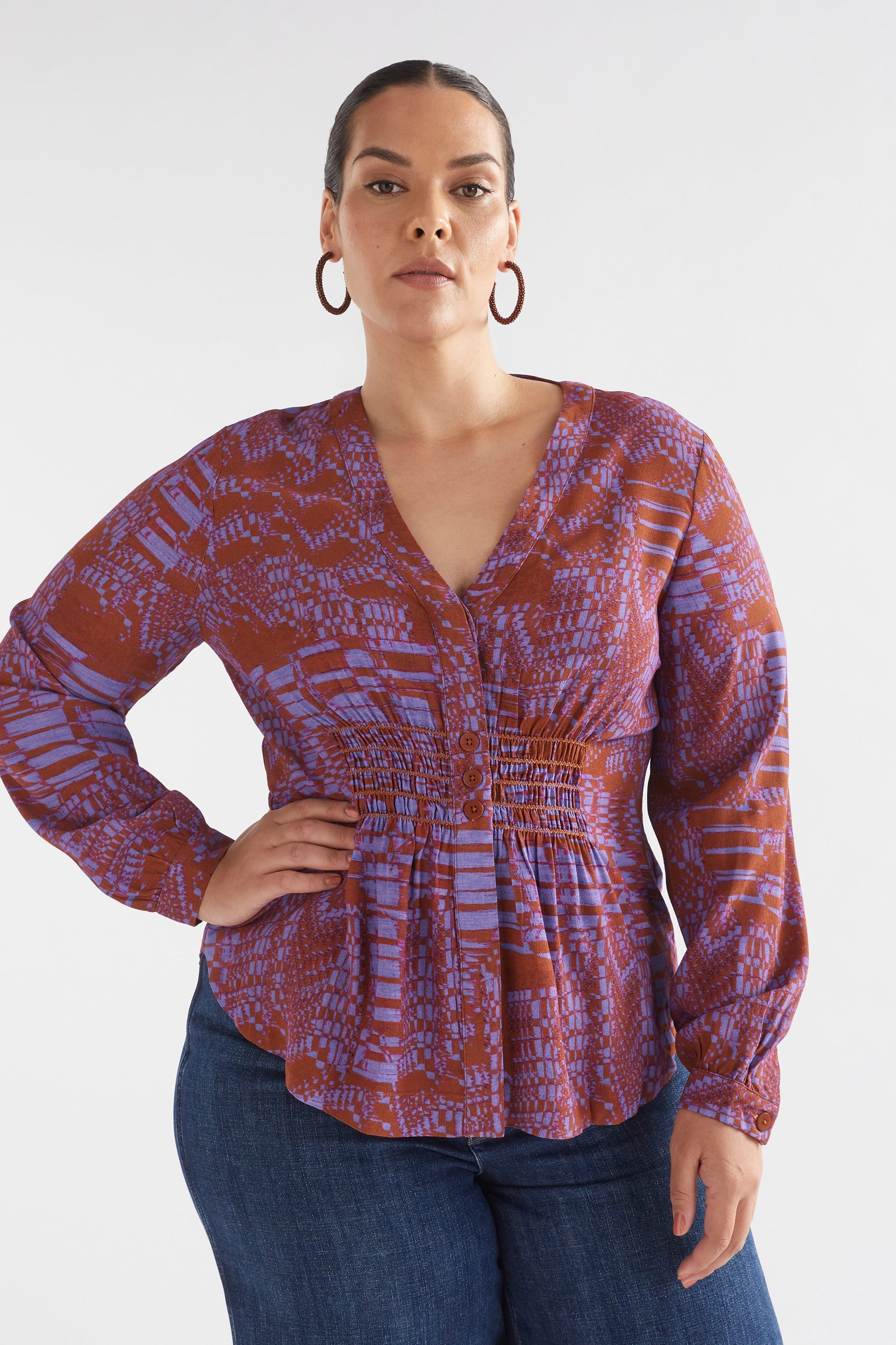 Shop The Neli Long Sleeve Shirred V-Neck Print Top | ELK AU